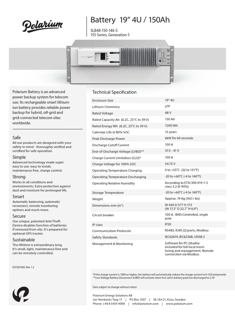 POLARIUM SLB48 150 146 5 TDS Rev 1.2 | PDF | Rechargeable Battery ...