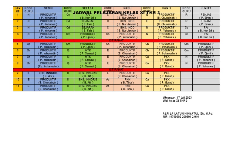 Jadwal Pelajaran Xi TKR 3 Th. 2023 | PDF