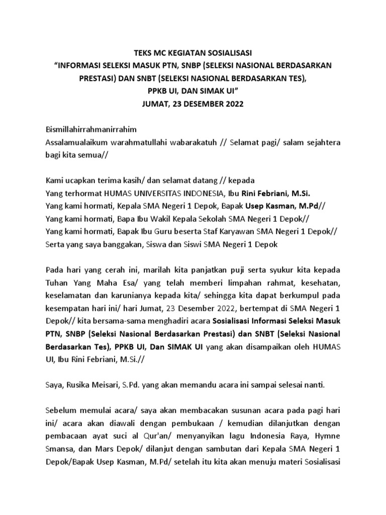 Teks MC Sosialisasi Seleksi Masuk PTN | PDF