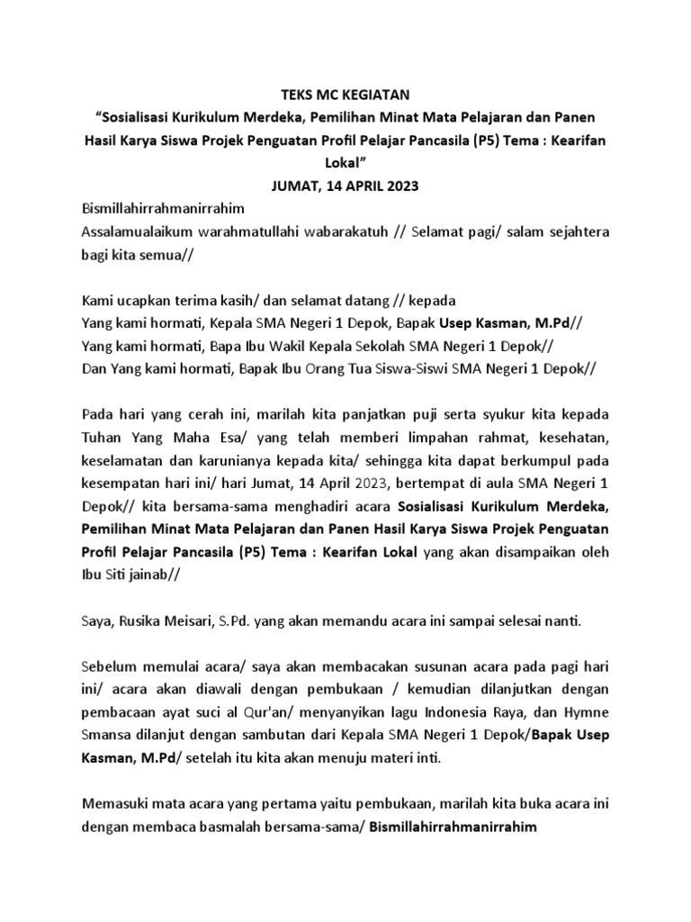 Teks MC Sosialisasi Ikm + Bagi Rapot Pts | PDF