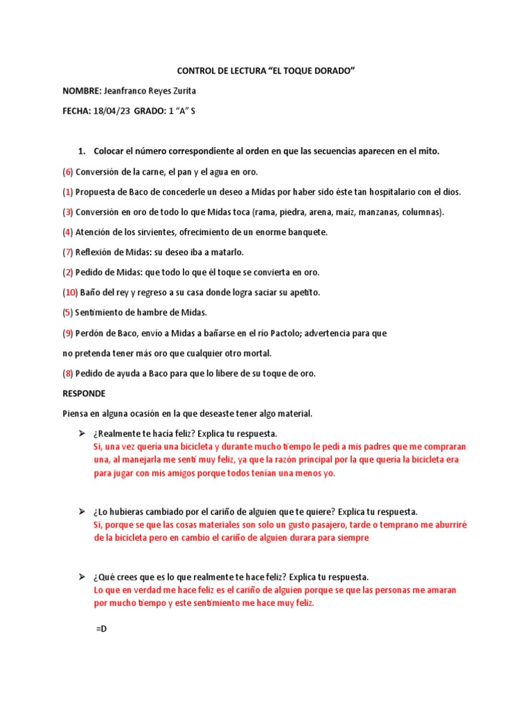 CONTROL DE LECTURA EL TOQUE DORADO Reyes Zurita | PDF