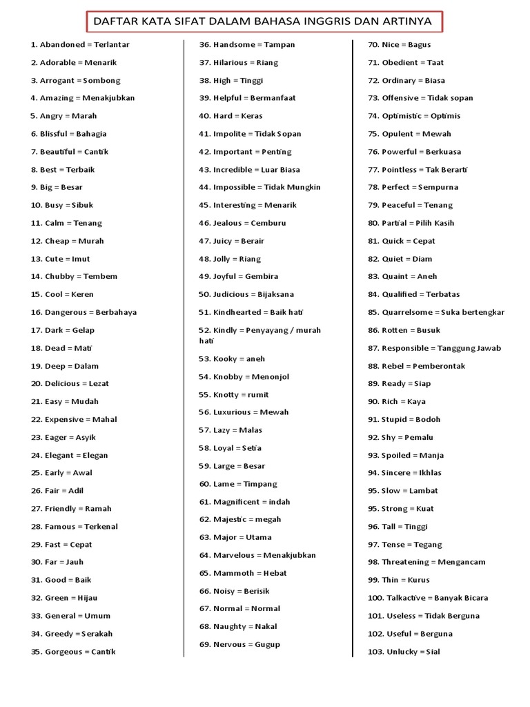 Daftar Kata Sifat Dalam Bahasa Inggris Dan Artinya | PDF