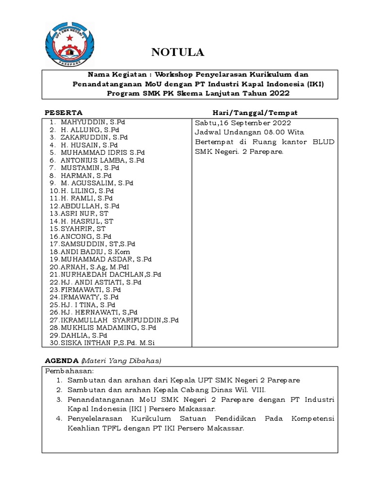 Notula Workshop Penyelaraan Kurikulum Dan Penandatagan MOu | PDF