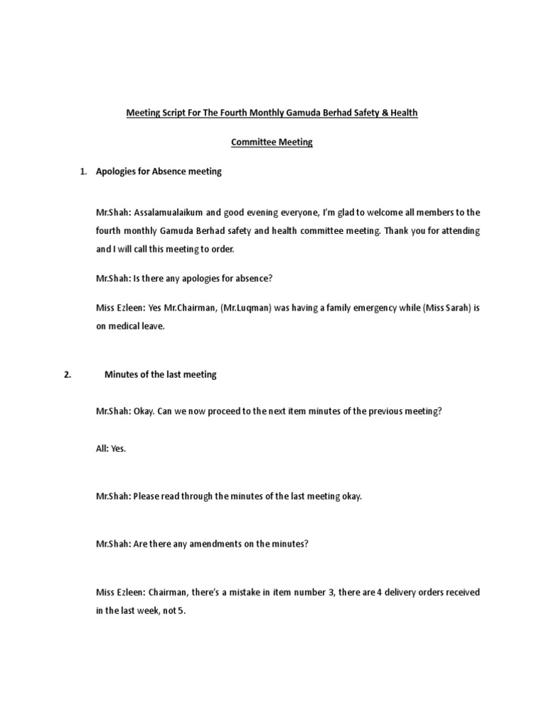 Meeting Script For The Fourth Monthly Gamuda Berhad Safety & Health ...