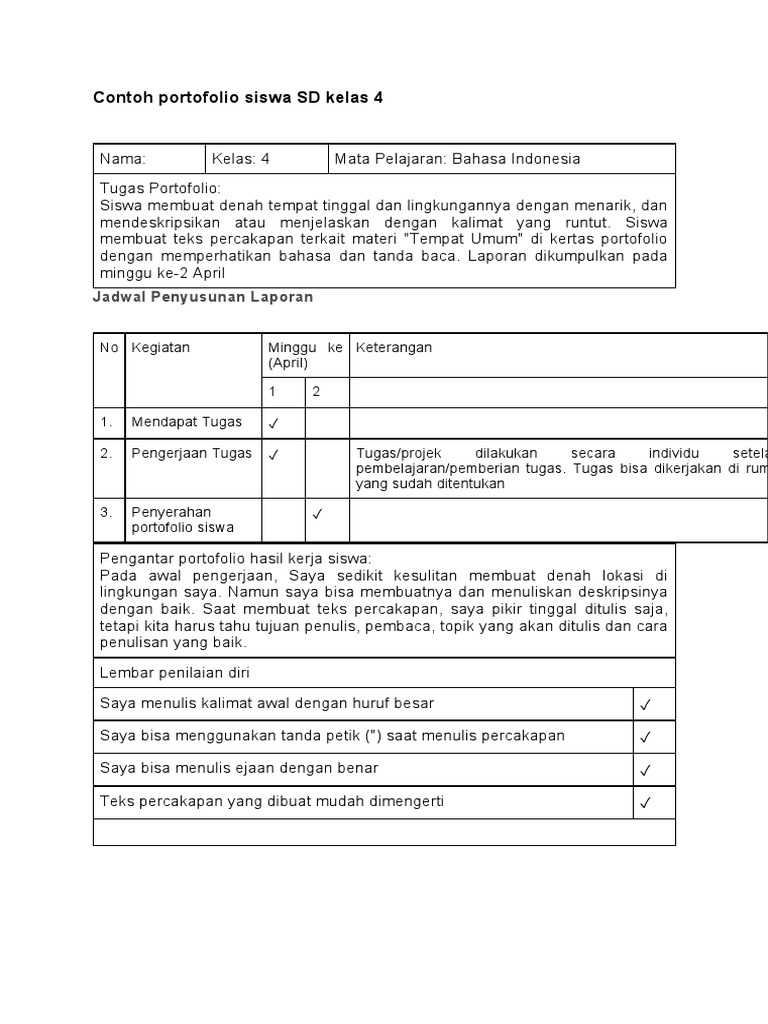 Contoh Portofolio Siswa SD Kelas 4 | PDF