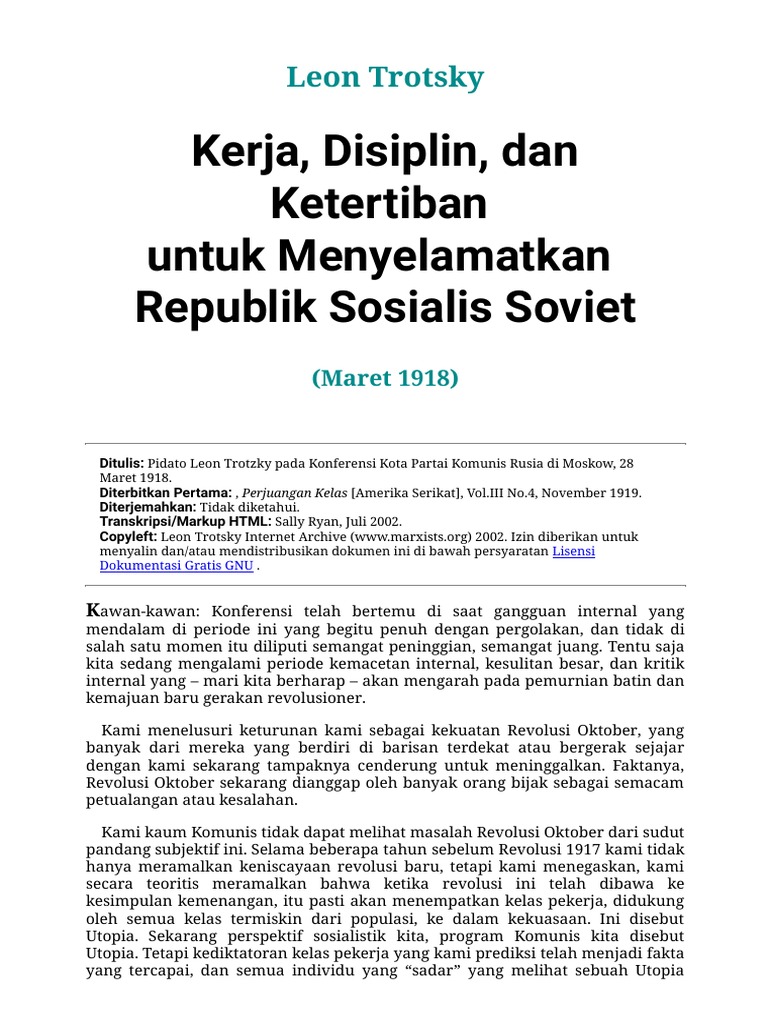 Leon Trotsky Work, Discipline, and Order To Save The Socialist Soviet Republic (1918) | PDF