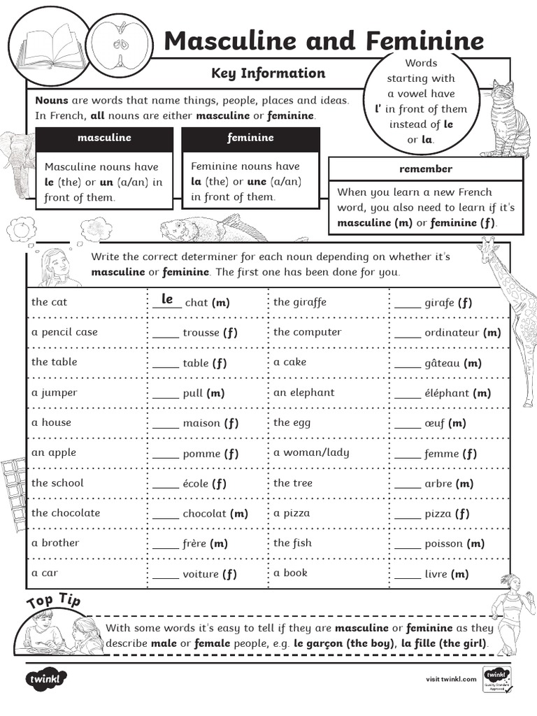 T MFL 1650012882b French Masculine and Feminine Worksheet Black and White PDF | PDF ...