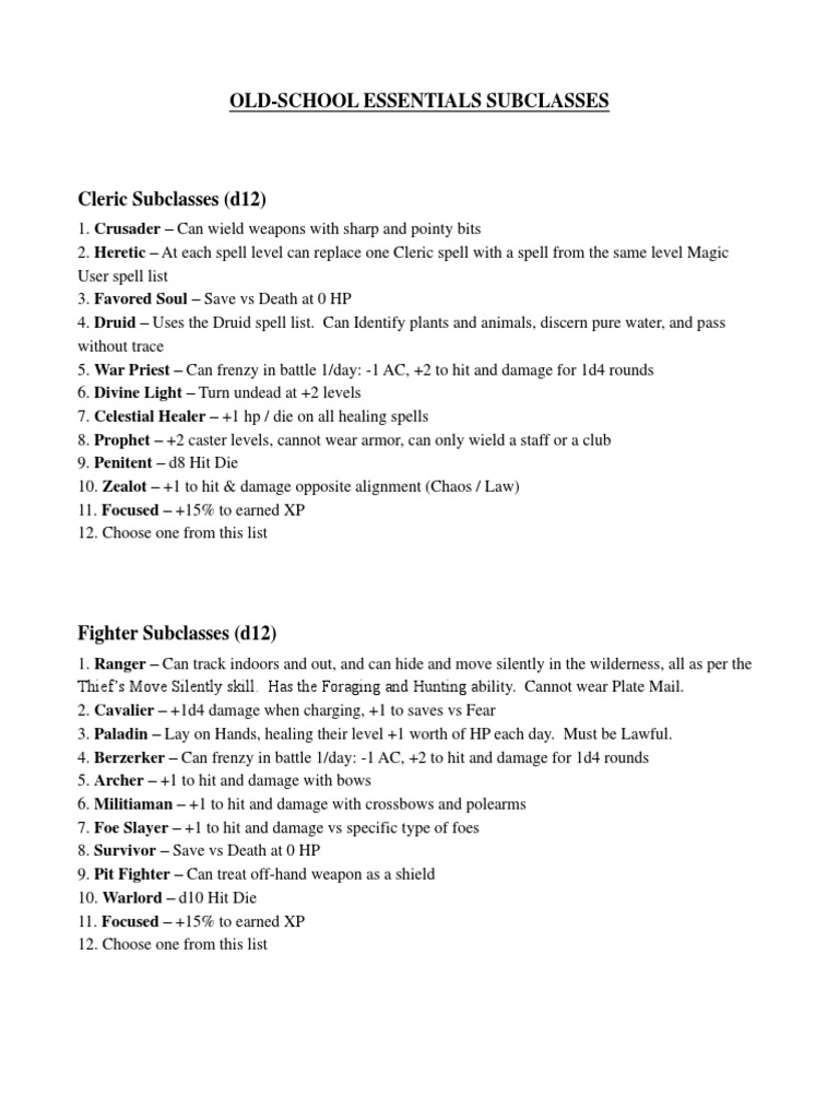 OSE Subclasses | Download Free PDF | Dungeons & Dragons | Fantasy Role ...