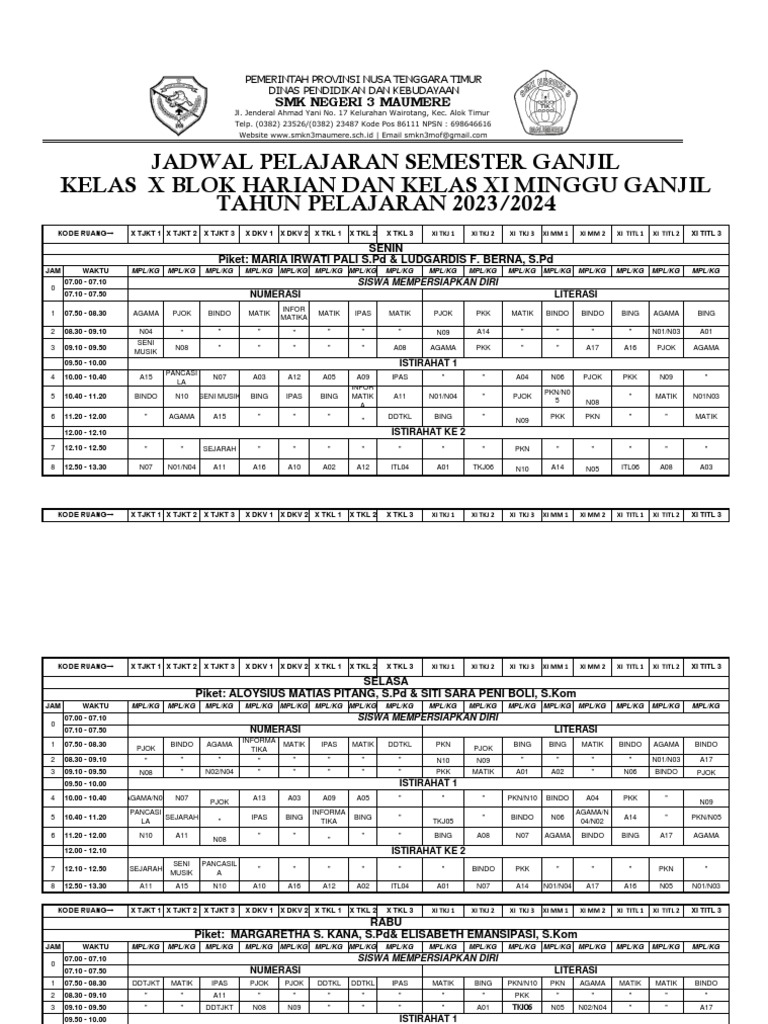 Jadwal Pelajaran Kelas X (Blok Harian) Dan Kelas Xi (Minggu Ganjil) Semester Ganjil Tahun ...
