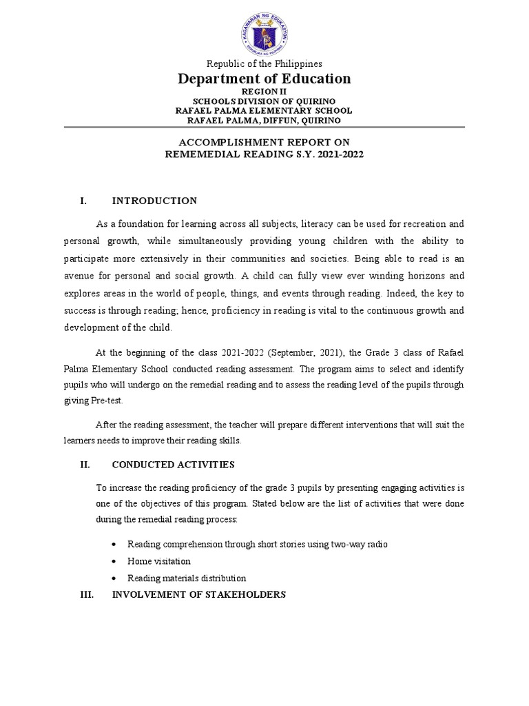 Remedial Reading Accomplishment Report | PDF | Teachers | Cognitive ...