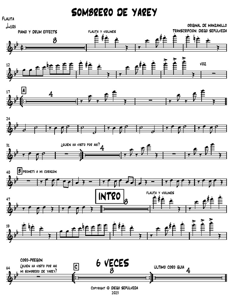 SOMBRERO DE YAREY CON SAX 2DA VOZ - Partes | PDF