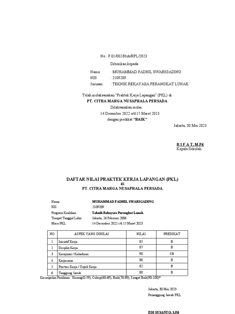 Sertifikat PKL RPL Fadhil | PDF