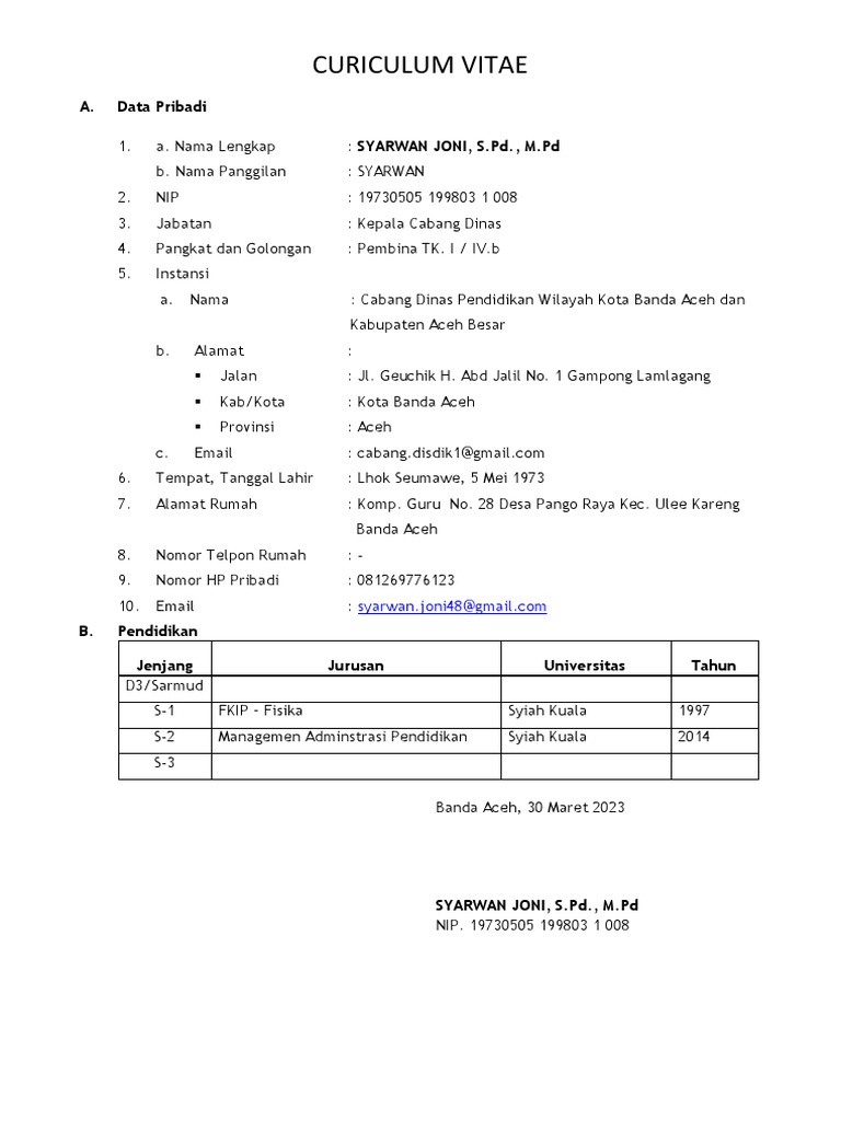 CV Kepala Cabang Dinas Pendidikan | PDF