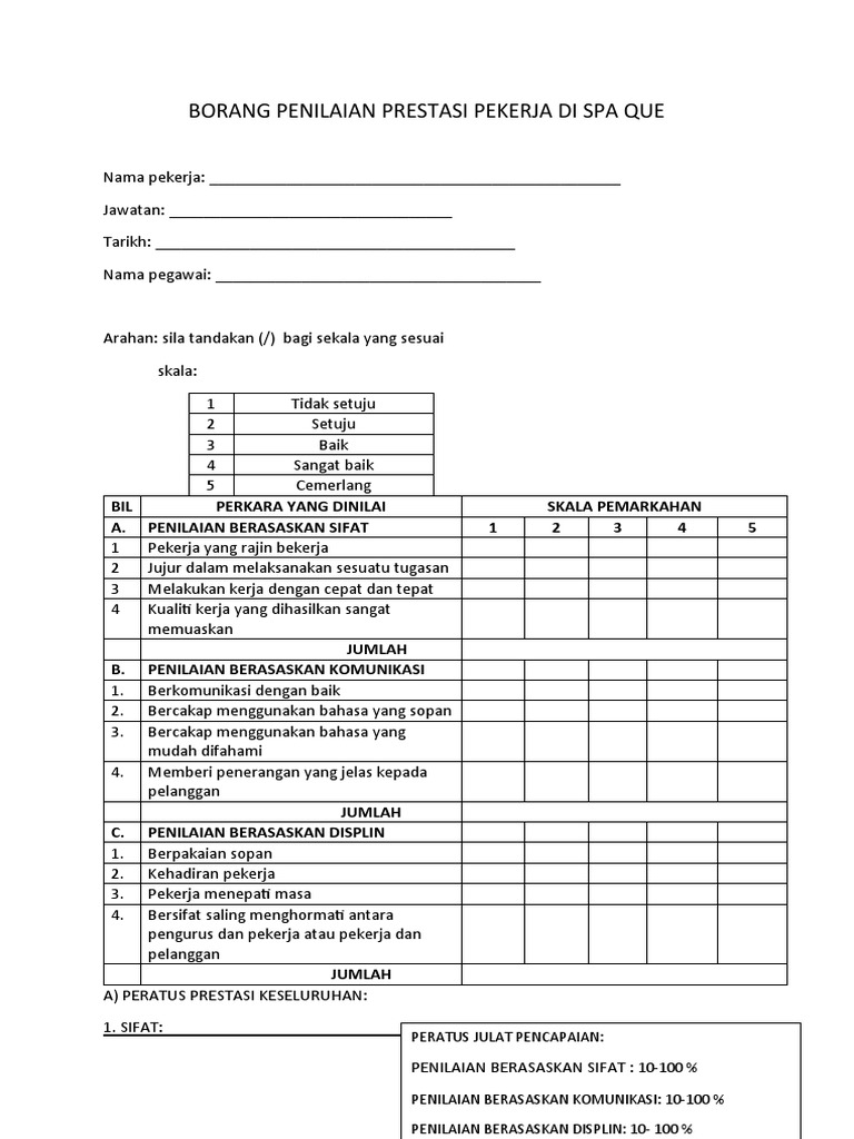 Borang Penilaian Prestasi Pekerja Di Spa Que | PDF
