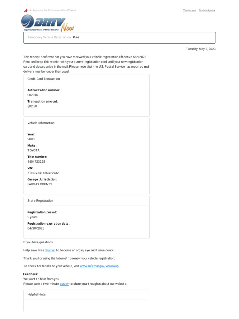 Virginia DMV Vehicle Registration Renewal Receipt | PDF