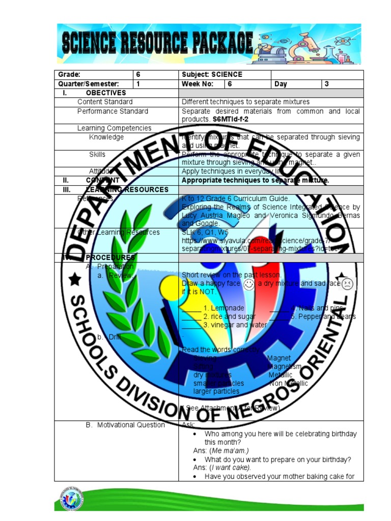 CONTEXTUALIZED-DLP Science 6 Q1, W6-D3 | PDF | Mixture | Materials