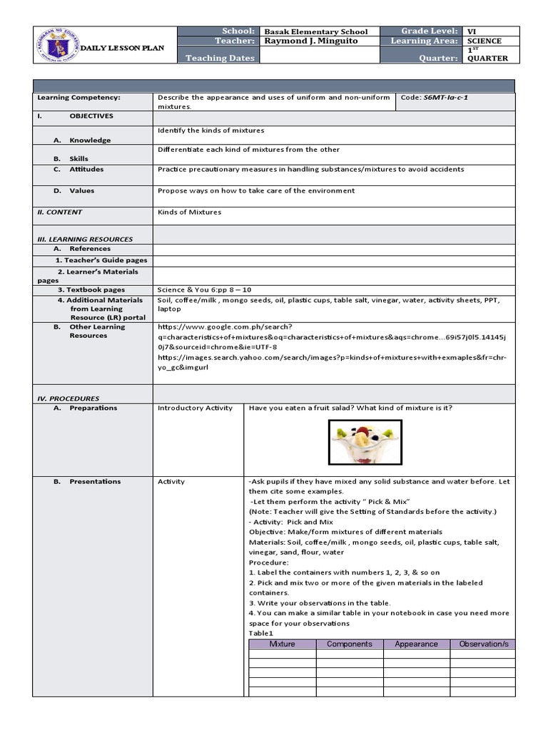 DLP - Science Sses 6 - Q1 - W1 - D2 | PDF | Mixture | Chemical Substances