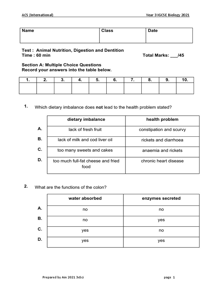 QP Test 2021 AIn Enzymes, Animal NUtrition, Digestion and Dentition ...