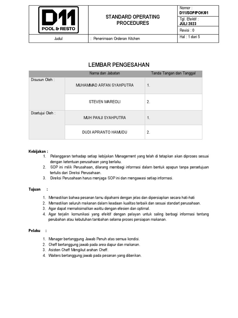 SOP Penerimaan Orderan Kitchen | PDF