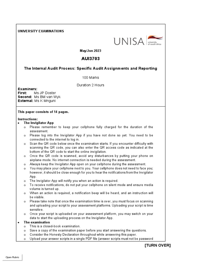 AUI3703 Exam May 2023 230525 075327 | PDF | Internal Audit | Auditor's ...