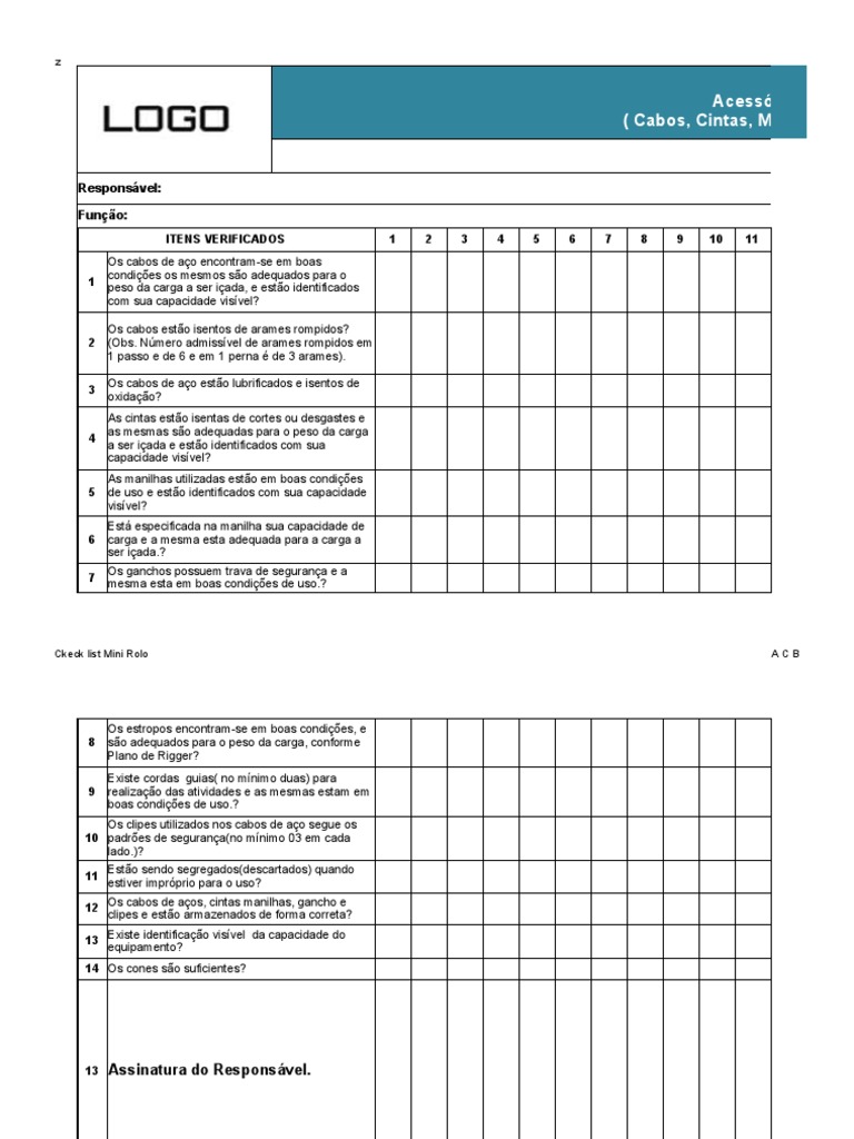 Check List para Cabos, Cintas, Manilhas, Ganchos, Estropos e Cordas ...