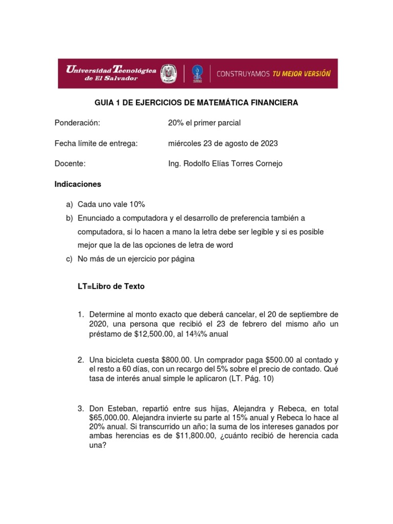 Guía 1 de Ejercicios Matemática Financiera | PDF | Economias | Dinero