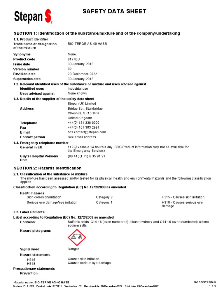 Bio-Terge As-40 Hasb - Expires 29-12-2027 | PDF