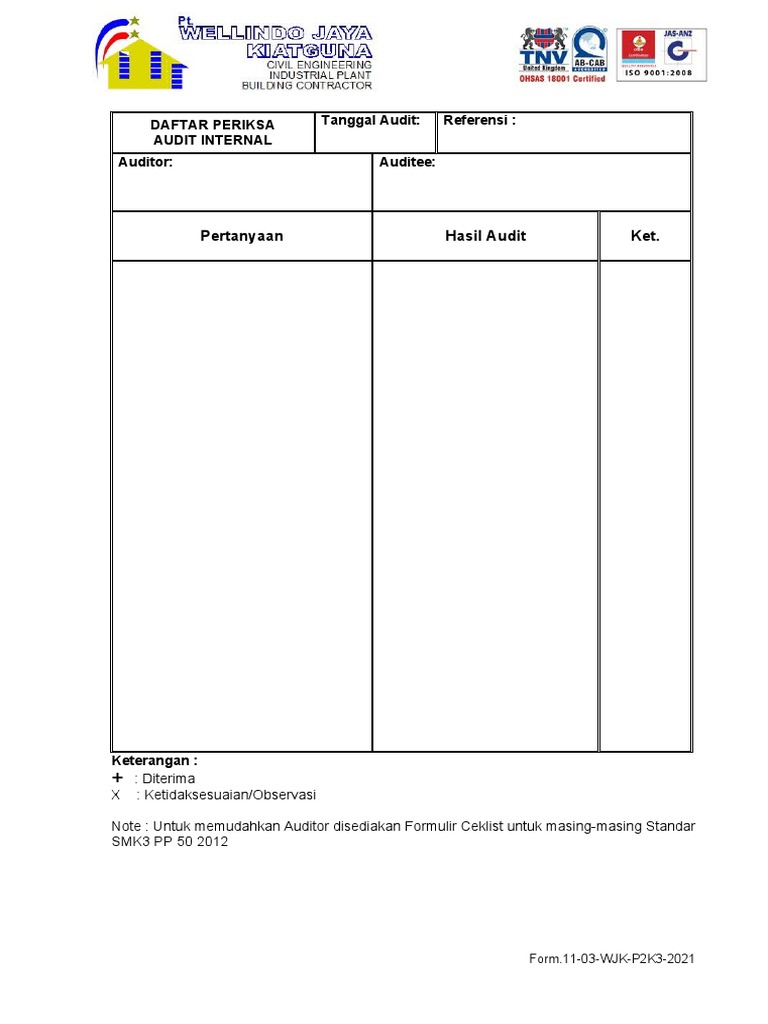 Daftar Periksa Audit Internal SMK3 | PDF