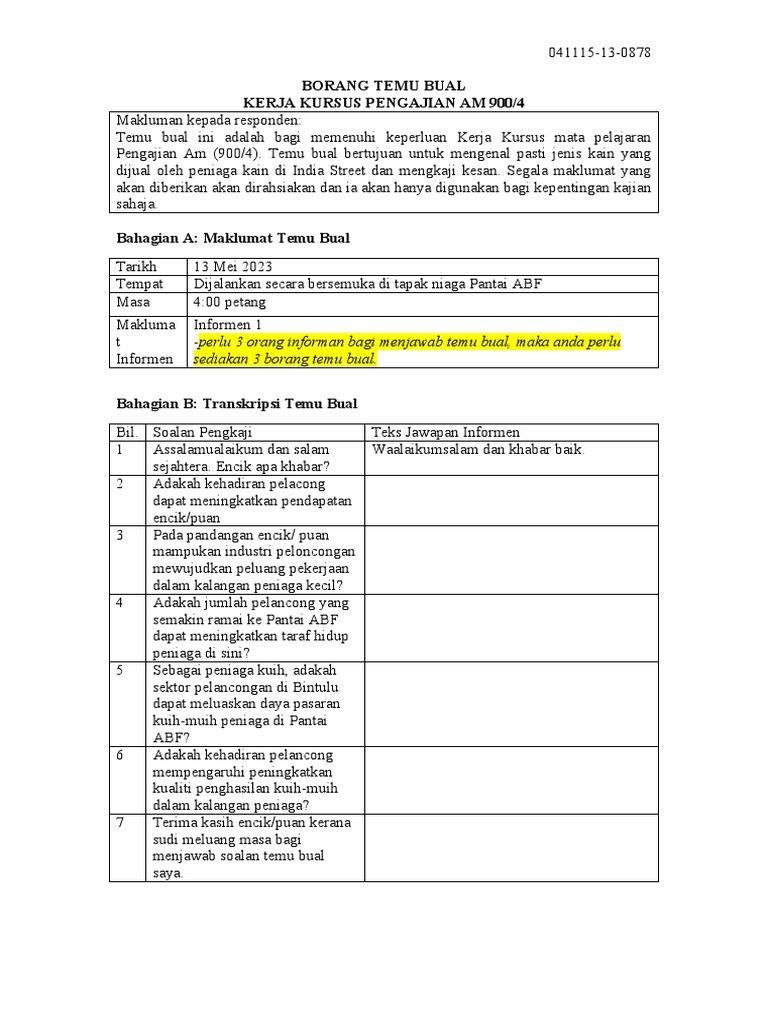 CONTOH 1 - BORANG Temu Bual | PDF