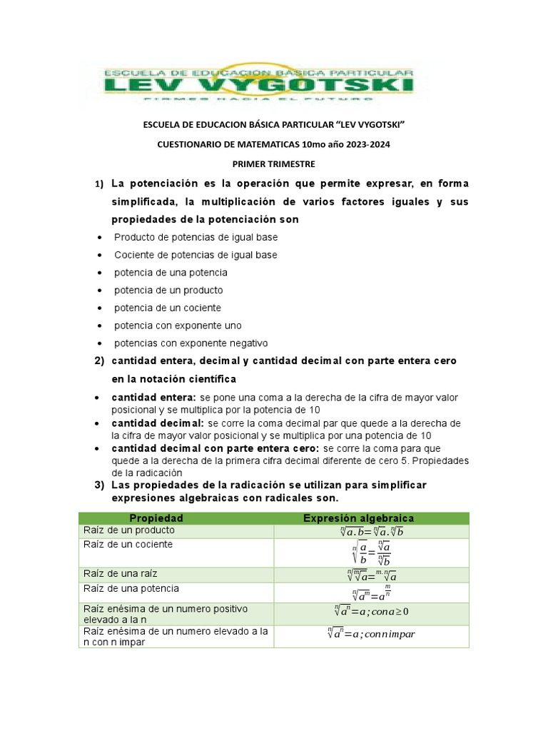 Cuest. Mate 10mo | PDF | Exponenciación | Raíz cuadrada