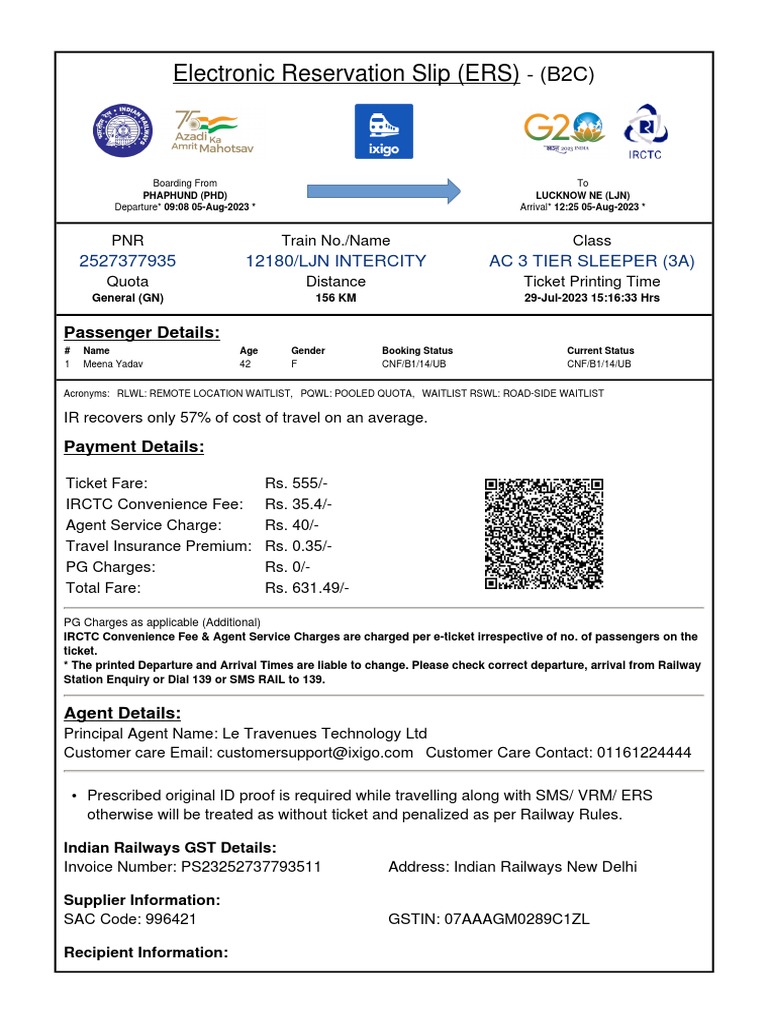 Electronic Reservation Slip for Train Travel | PDF