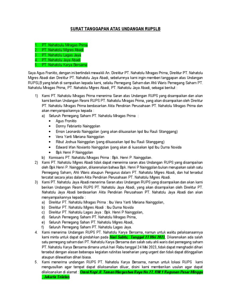 Surat Tanggapan Atas Undangan Rupslb | PDF