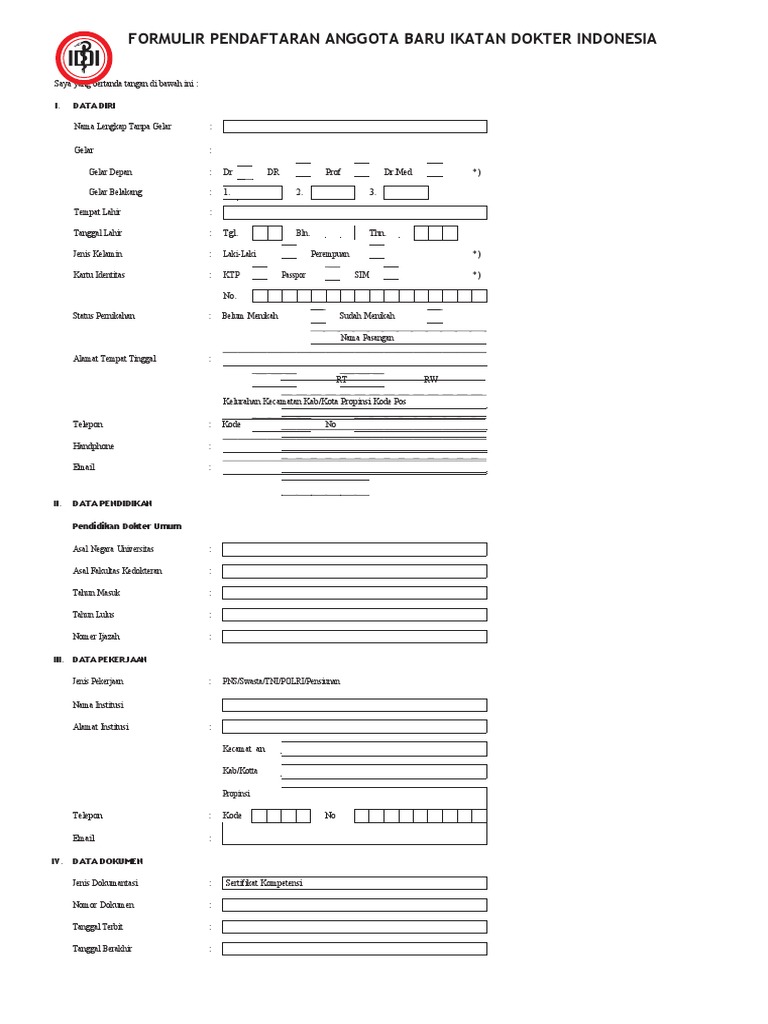 Formulir Pendaftaran Anggota Baru Ikatan Dokter Indonesia | PDF