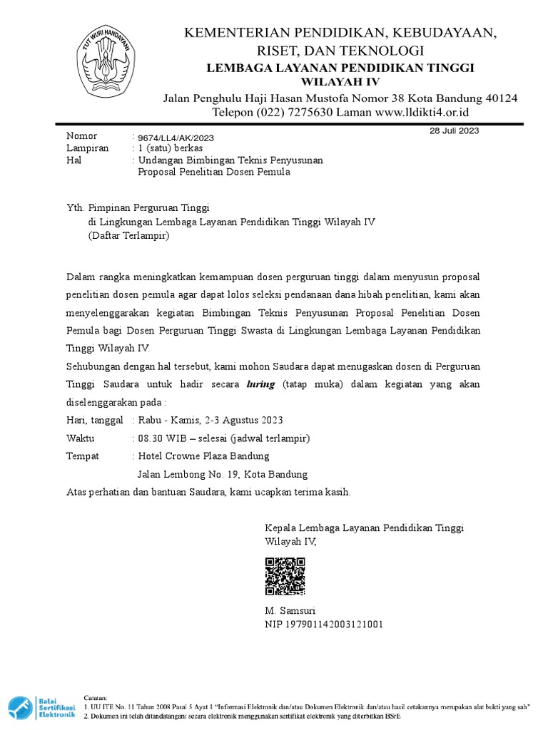 Undangan Bimtek Penyusunan Proposal PDP 2-3 Agustus 2023 (Luring) | PDF