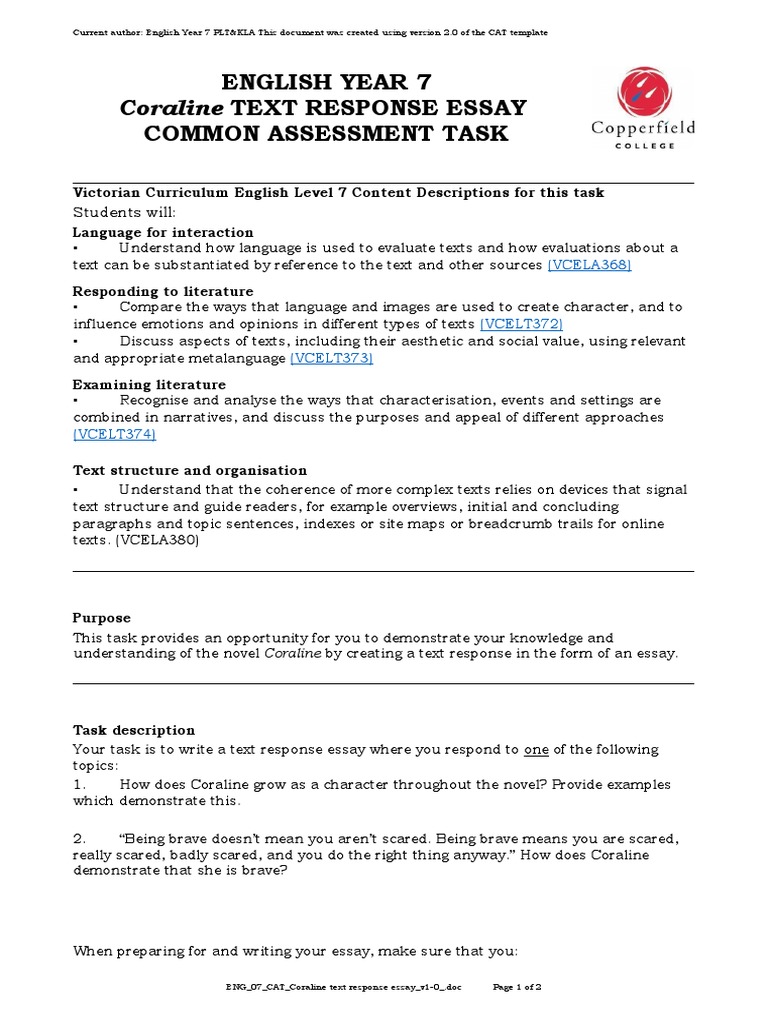 ENG - 07 - CAT Coraline Text Response Essay | PDF