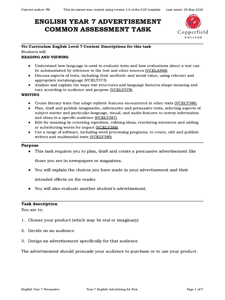 Year 7 English Ad Task | PDF | Advertising | Human Communication