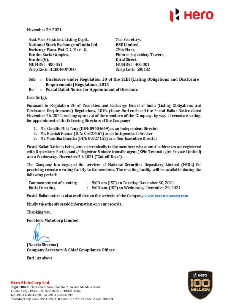 Hero Motocorp LTD.: Regd. Office: The Grand Plaza, Plot No. 2, Nelson Mandela Road | PDF