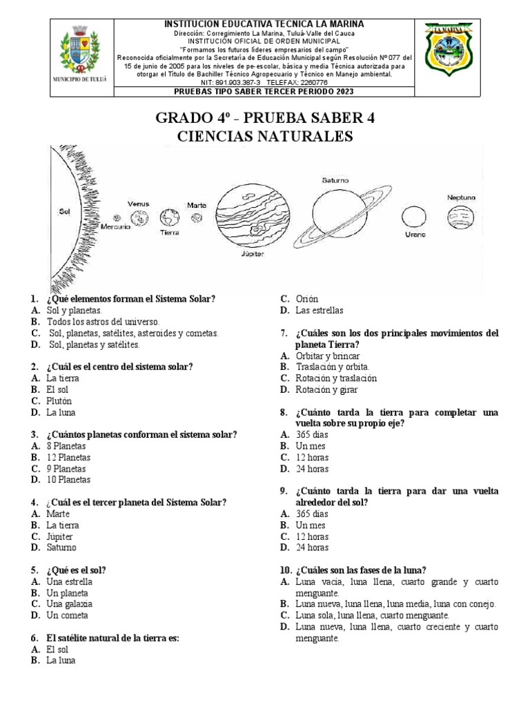 Pruebas Saber 4° 2023: Ciencias Naturales | PDF | Sistema solar | Luna