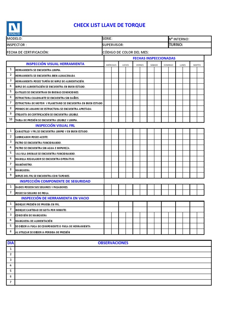 Checklist Llave de Torque | PDF