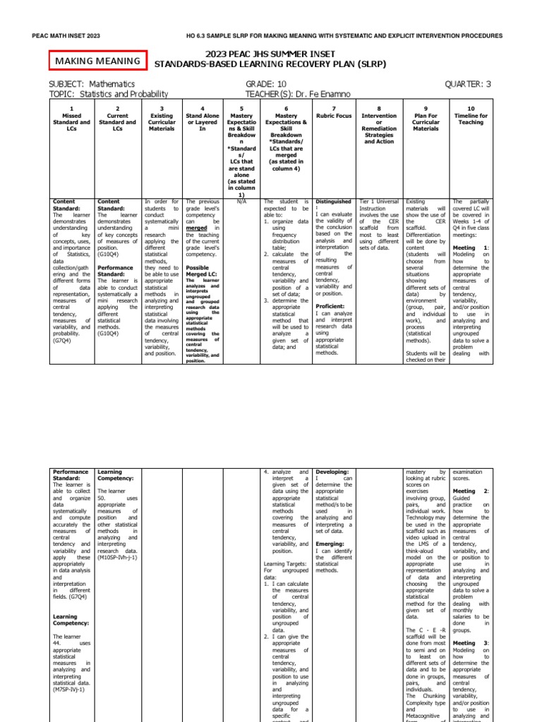 MATH 6.3 Sample SLRP For Meaning Making With Systematic and Explicit Intervention Procedures ...