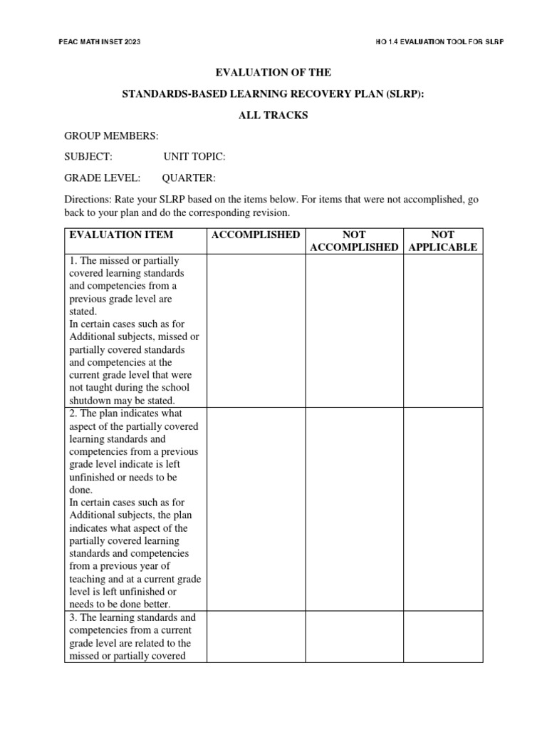 SLRP Evaluation Tool for Educators | PDF | Rubric (Academic) | Learning