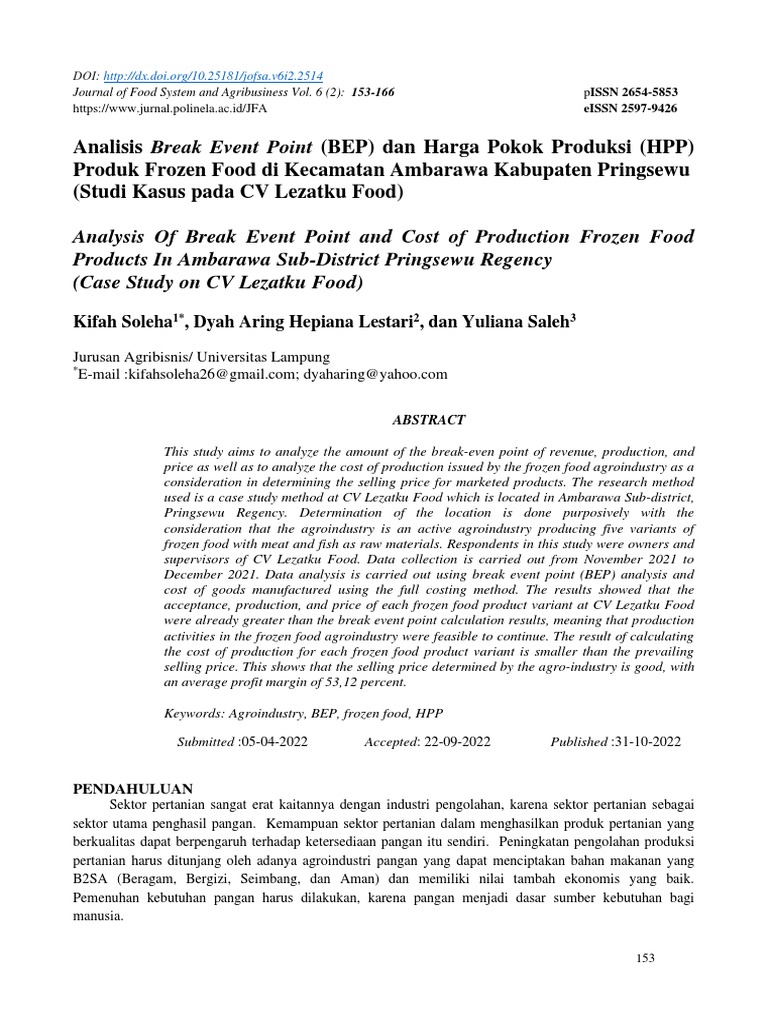 Analisis Break Event Point (BEP) Dan Harga Pokok Produksi (HPP) | PDF | Food Industry | Business