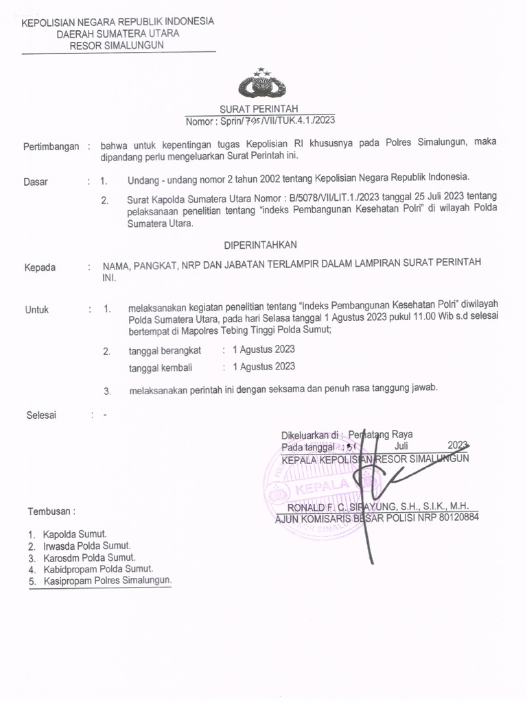 Sprin & SPPD Peserta Litbang Indeks Kesehatan Polri | PDF