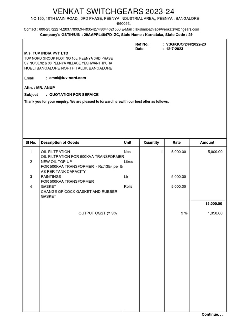 Venkat Switchgears Quotation 2023-24 | PDF