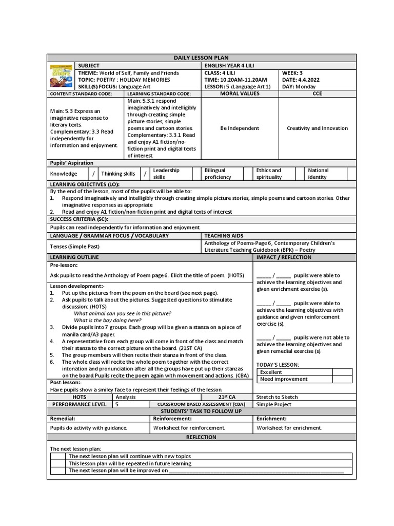 Daily Lesson Plan English Monday | PDF