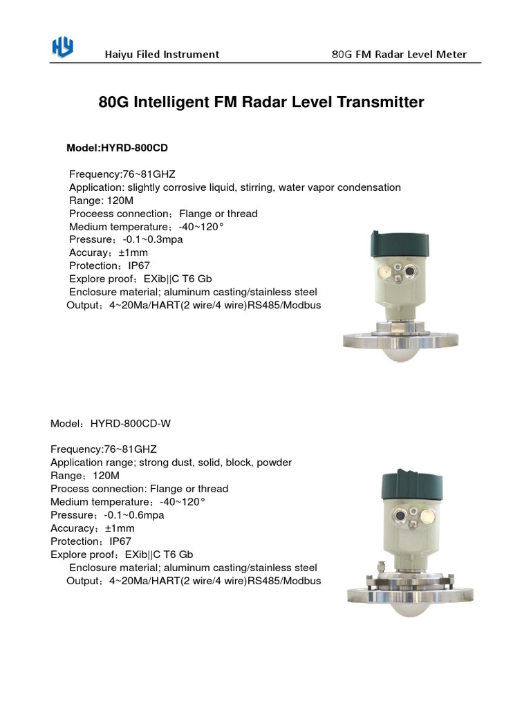 80G FM Radar Level Meter Specifications | PDF | Water Vapor | Stainless ...