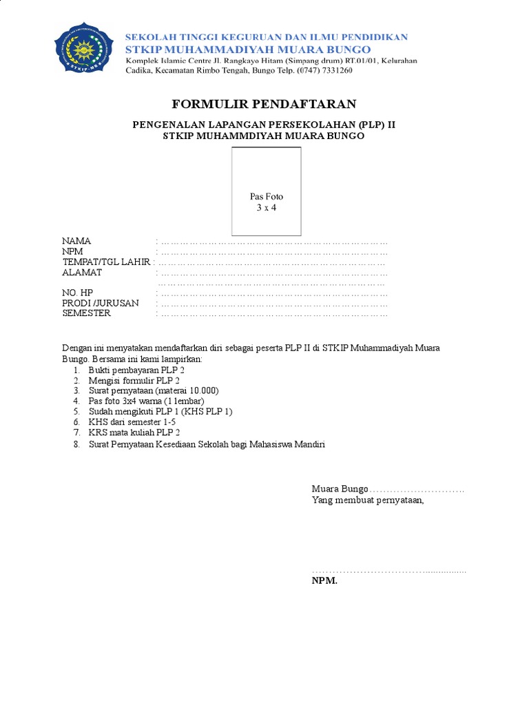 Formulir Pendaftaran PLP 2 | PDF