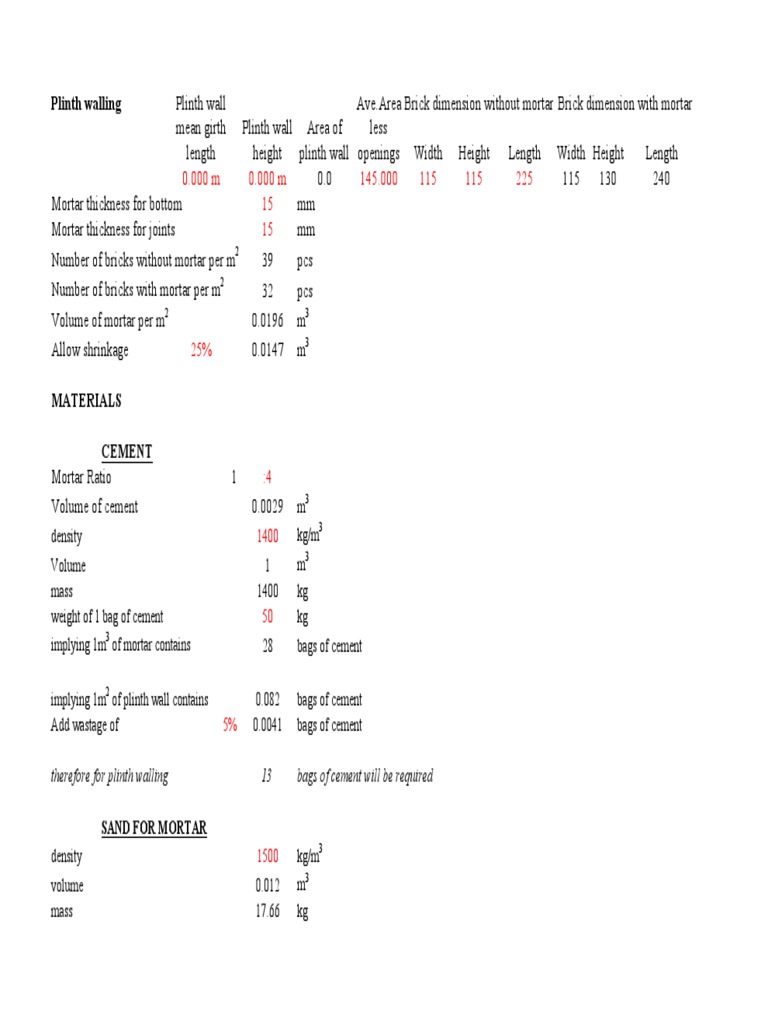 Material Schedule Calculation Sheet For Walling | PDF | Brick | Mortar ...
