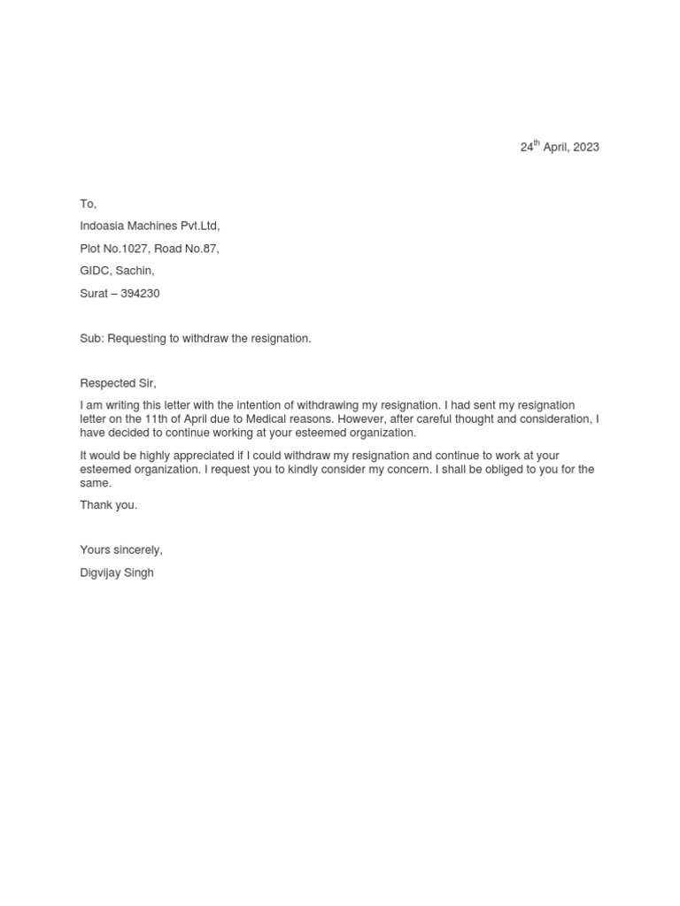Resignation Withdrawing Letter | PDF