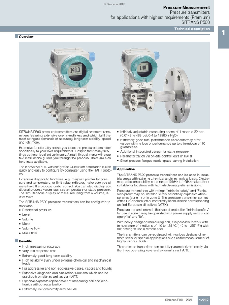 Datasheet Siemens Sitrans p500 Pressure Transmitter | PDF | Pressure Measurement | Analog To ...